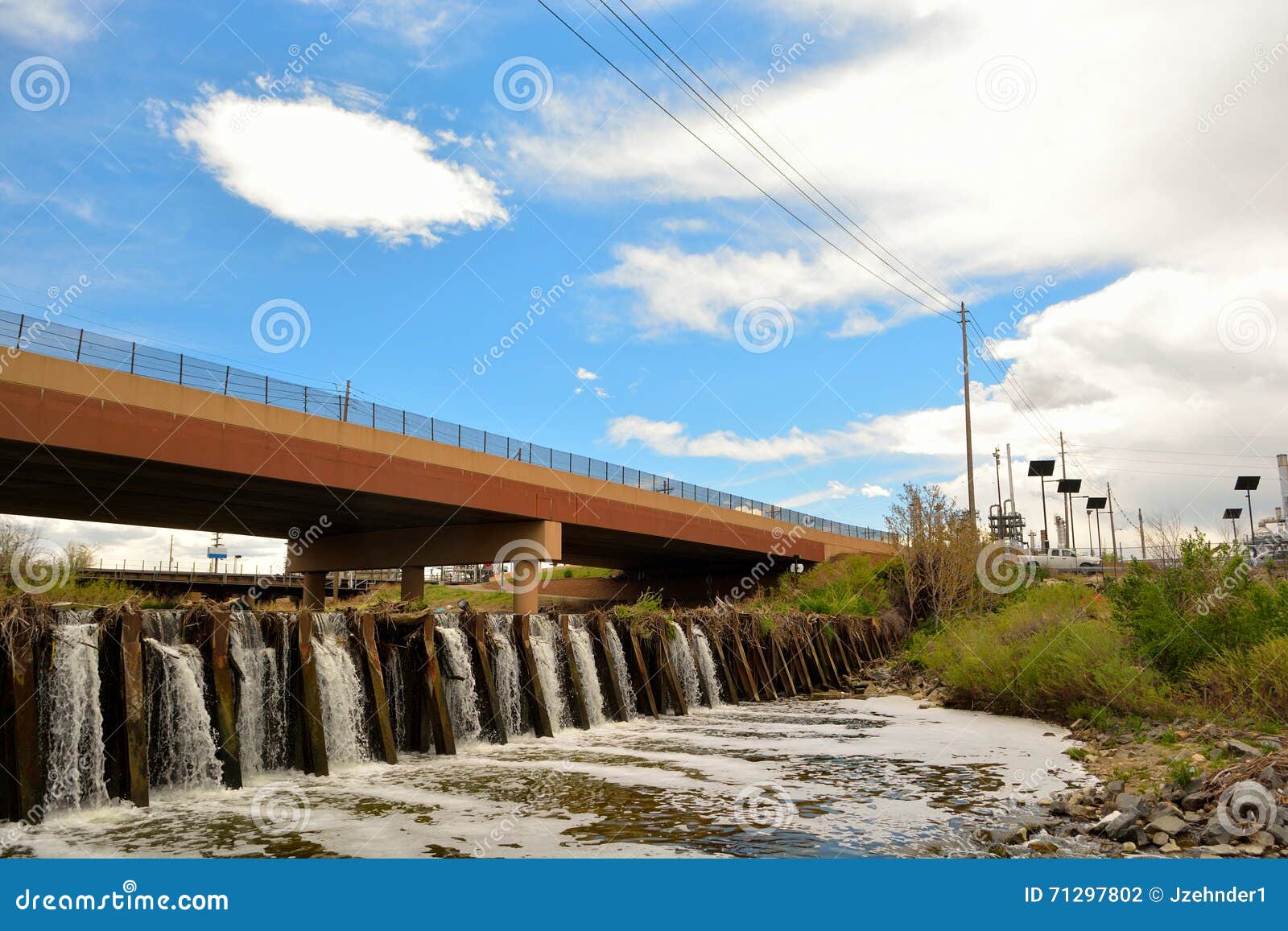 Polluted Urban River Dam with an Overpass Stock Photo - Image of ...