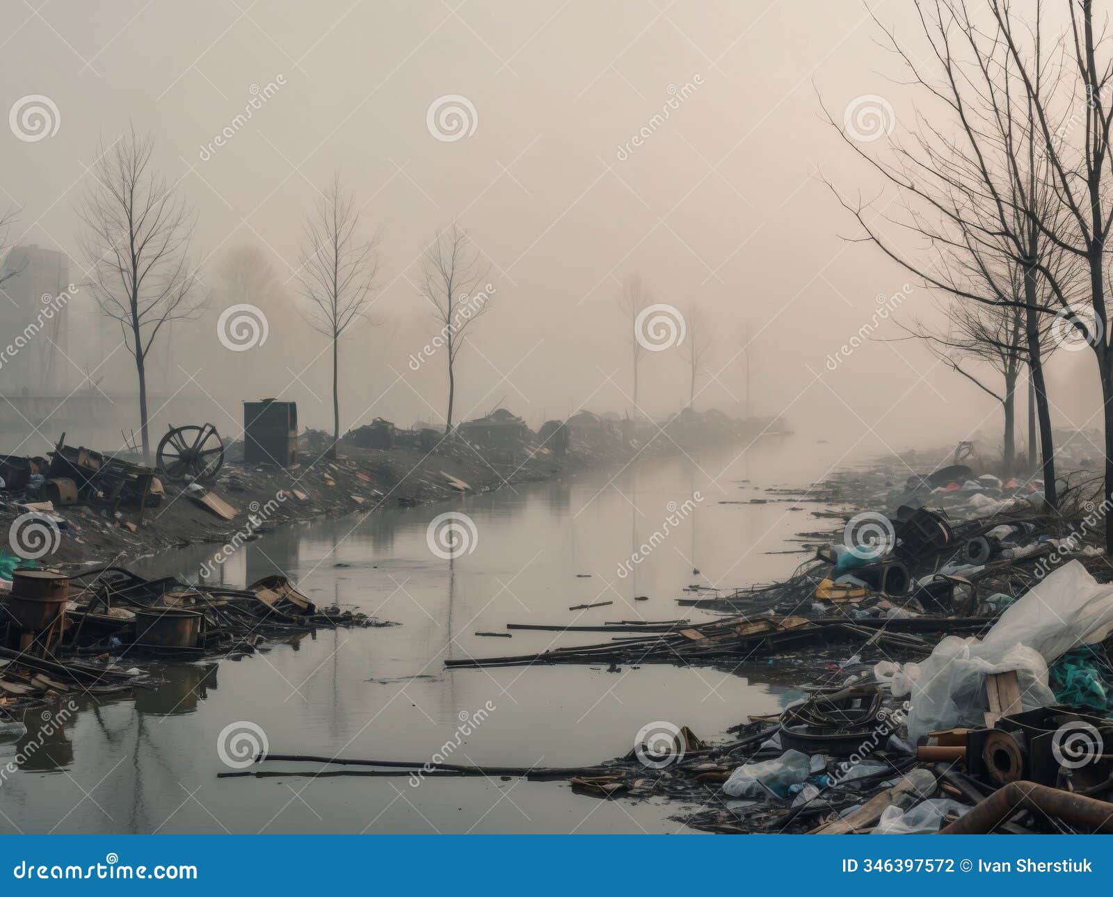 Polluted Urban River Scene with Debris and Waste. Stock Photo - Image ...