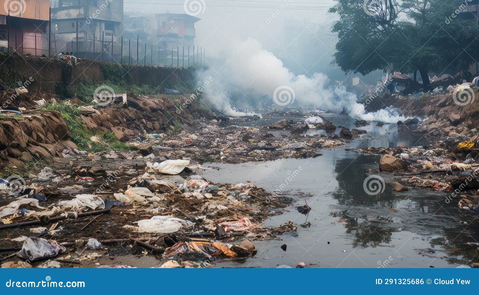 Polluted Urban Stream with Visible Pollution Stock Illustration ...