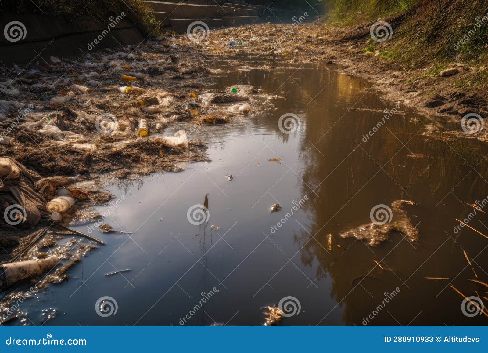 Polluted Water Stream, with Trash and Debris Floating on the Surface ...