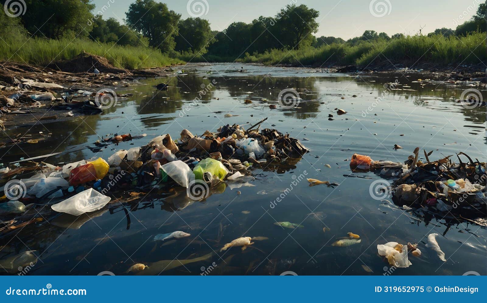 A Polluted Waterway with Garbage Scattered on the Surface and Muddy ...