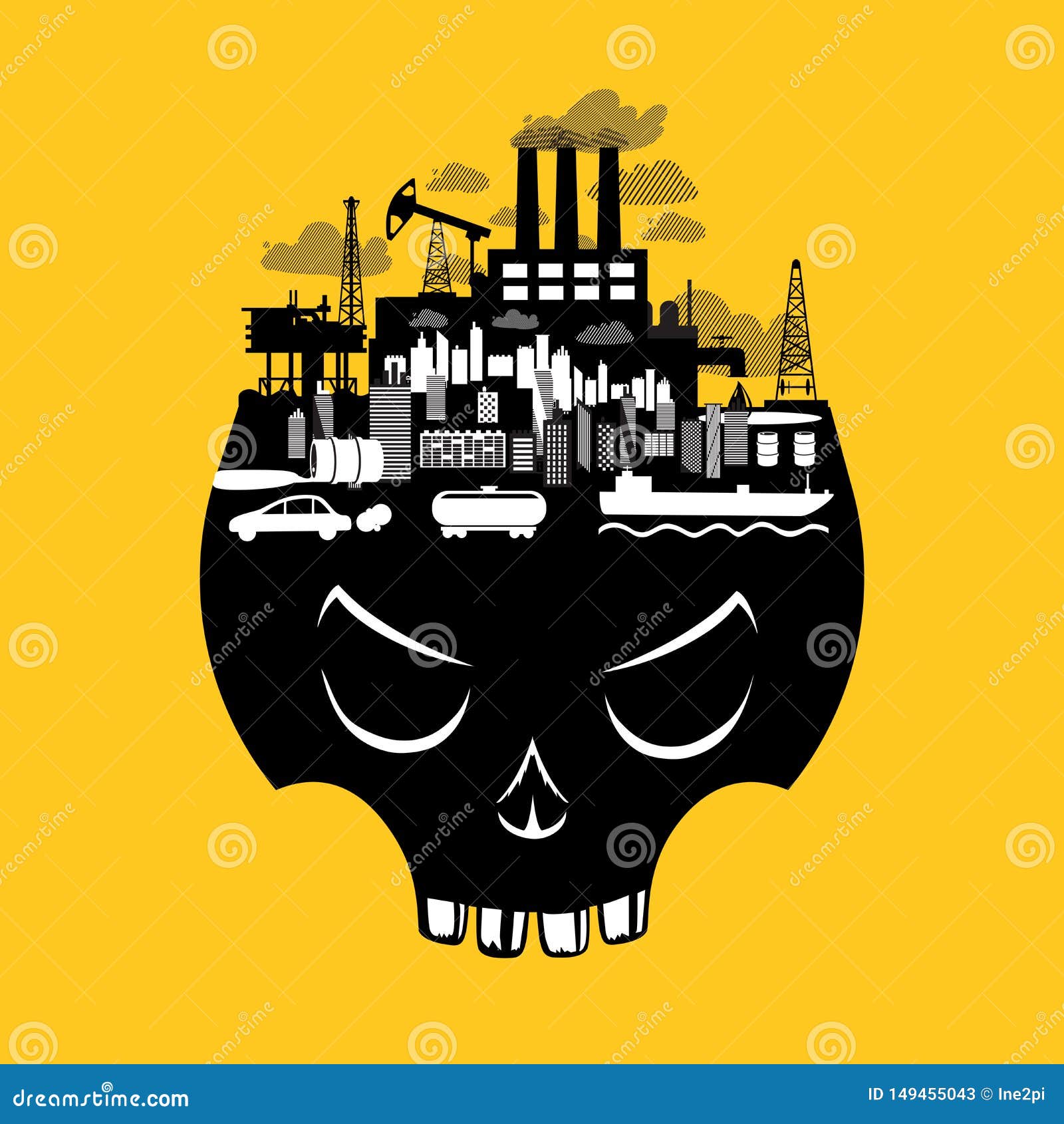 Pollution Environment Concept With Skull And Factory. Ecological Vector ...