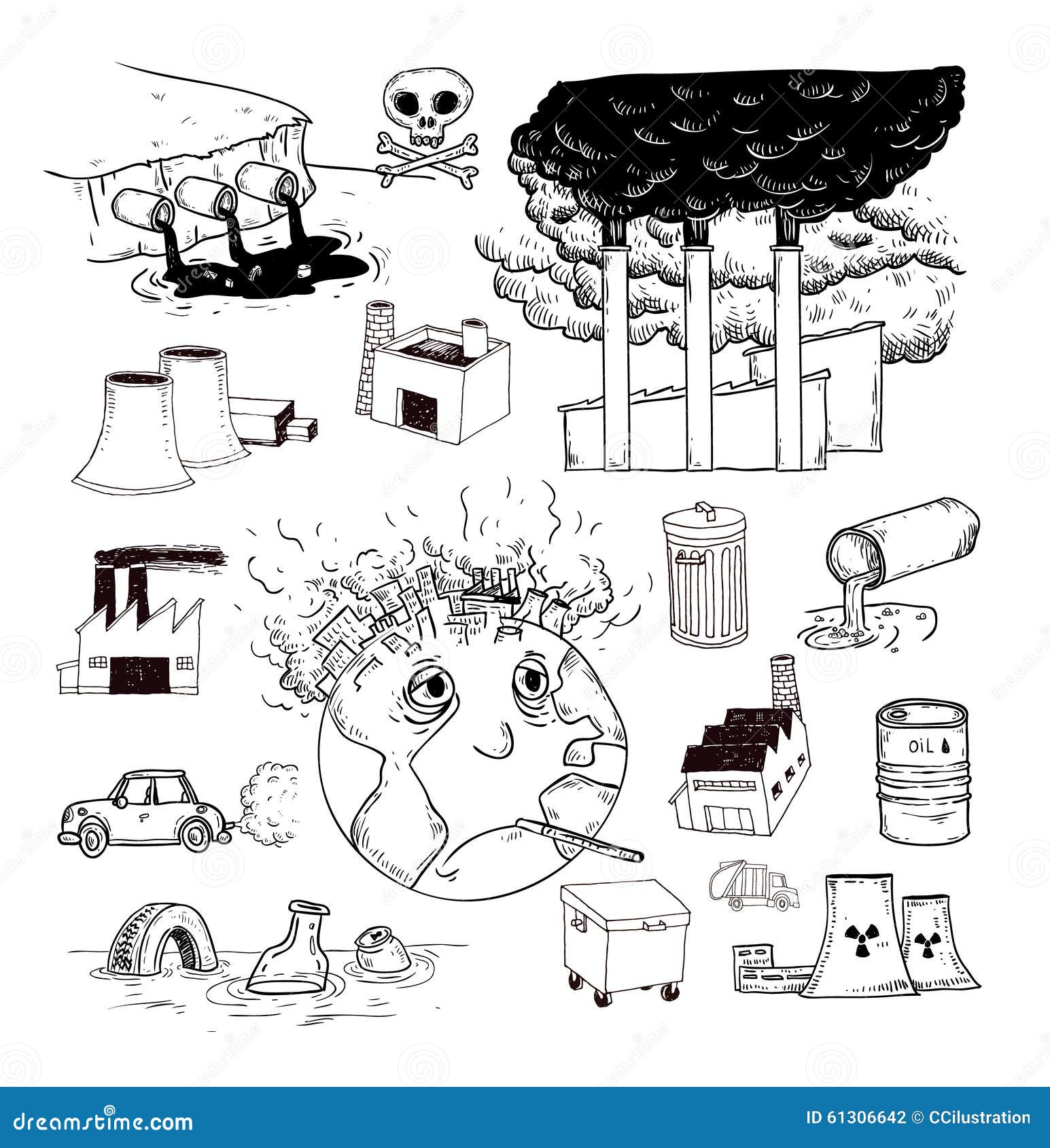 Pollution Icon Doodle Set Hand Drawn Illustration Stock Vector