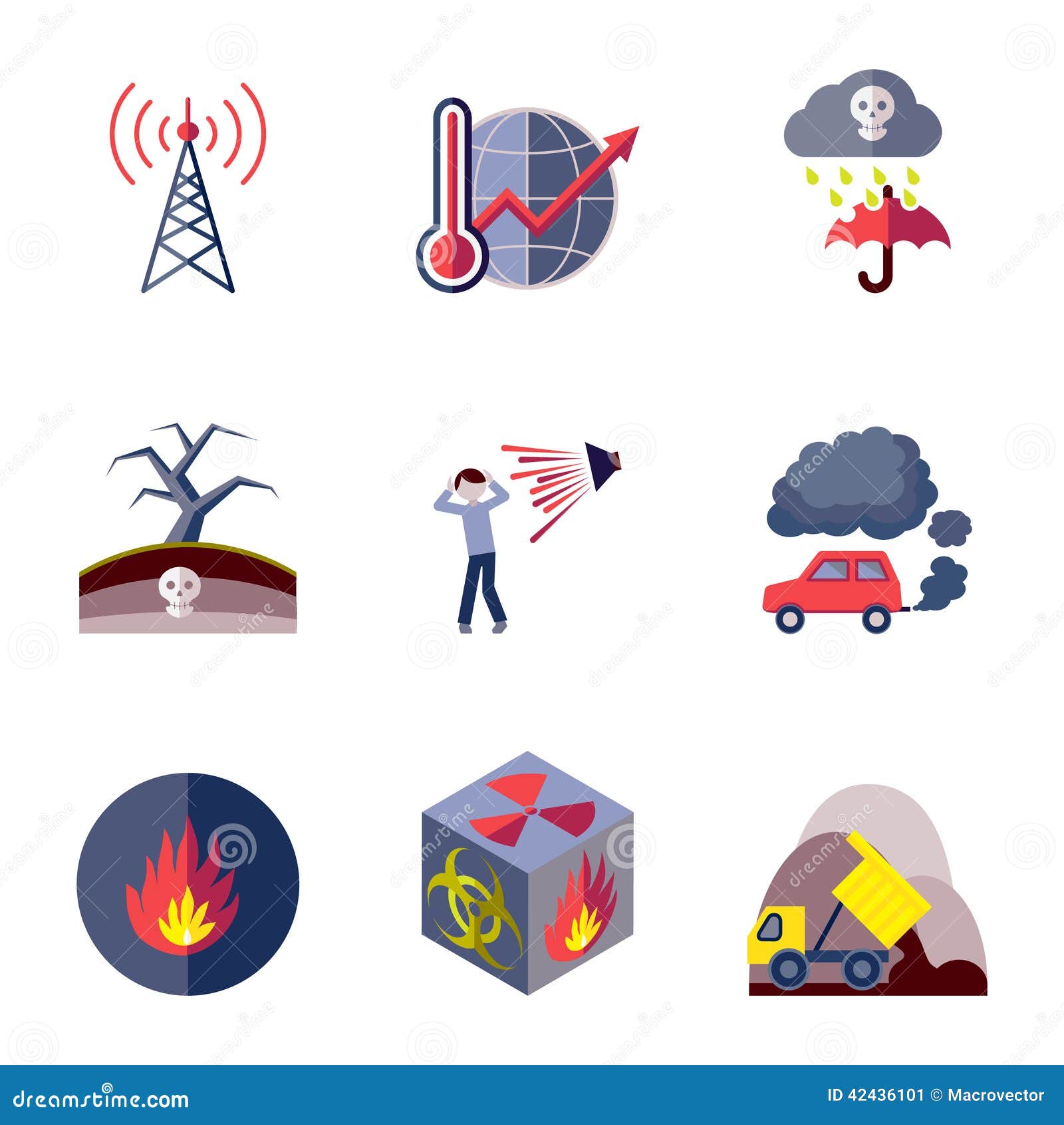 Pollution icons set flat stock vector. Illustration of damage - 42436101