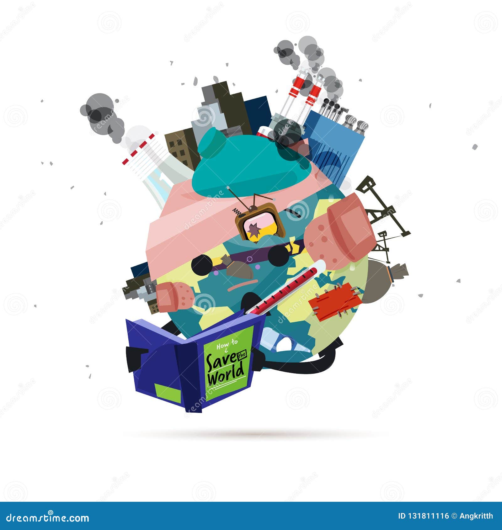 Pollution and Sick World Reading Book `How To Save the World` - Vector ...