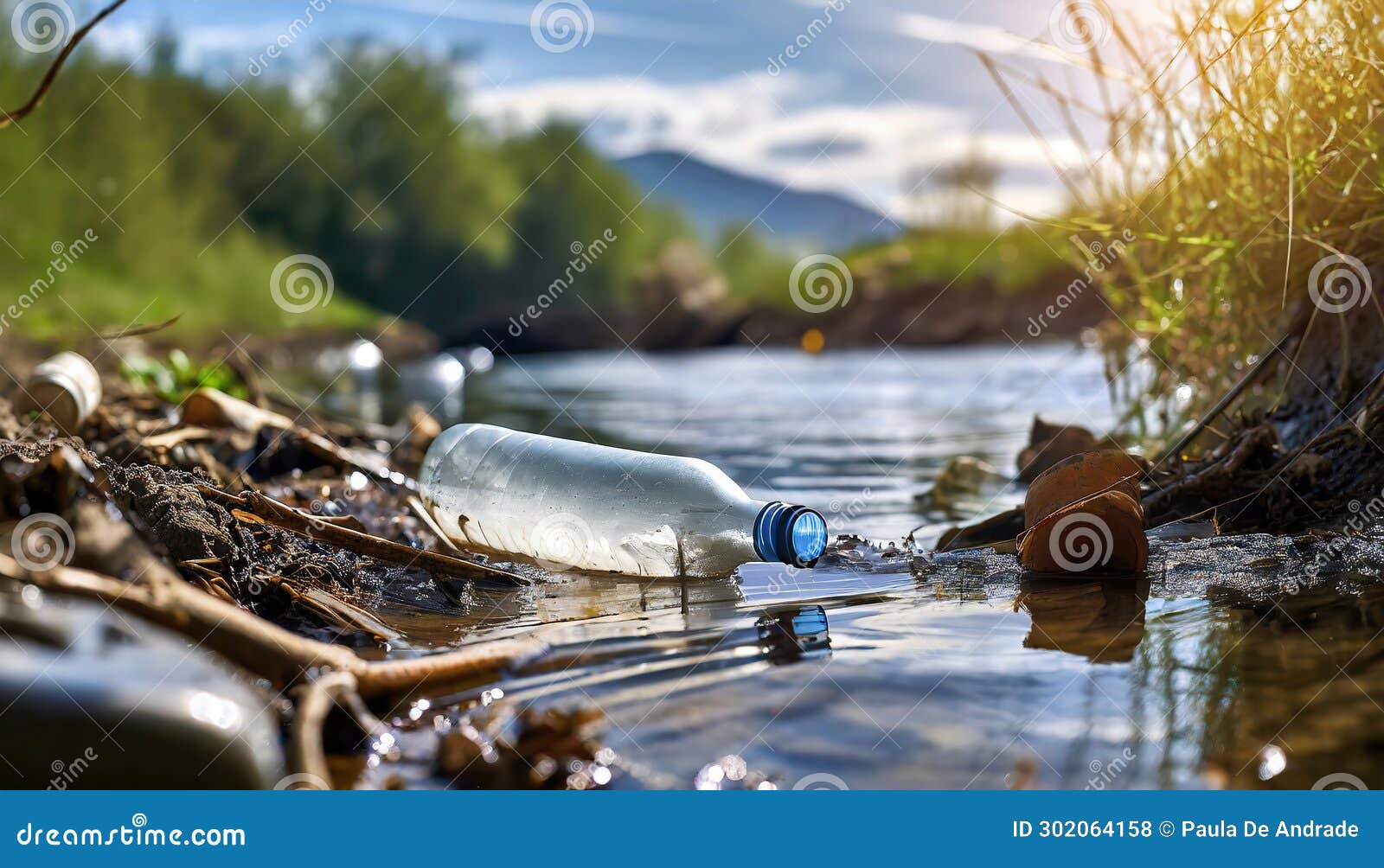 Pollution at Water with Garbage in River Stock Illustration ...