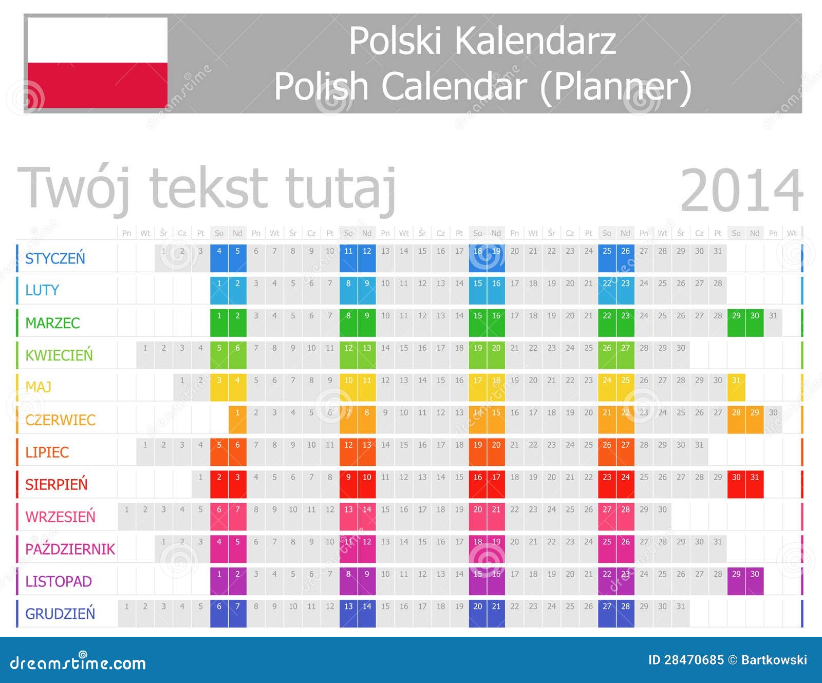 Polnischer Kalender Des Planer-2014 Mit Horizontalen Monaten Vektor ...