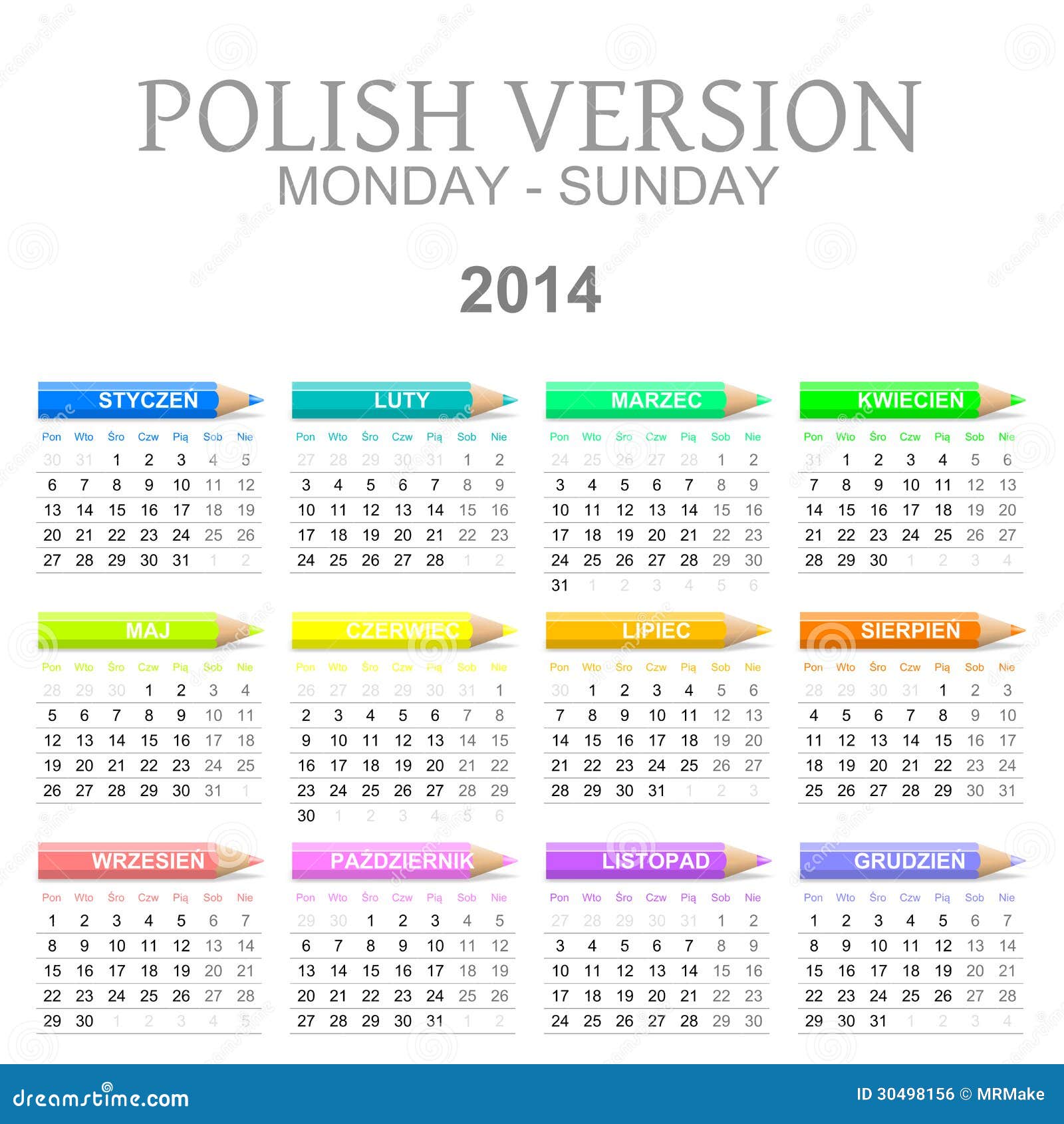 Polnischer Kalender 2014 Mit Zeichenstiften Stock Abbildung ...
