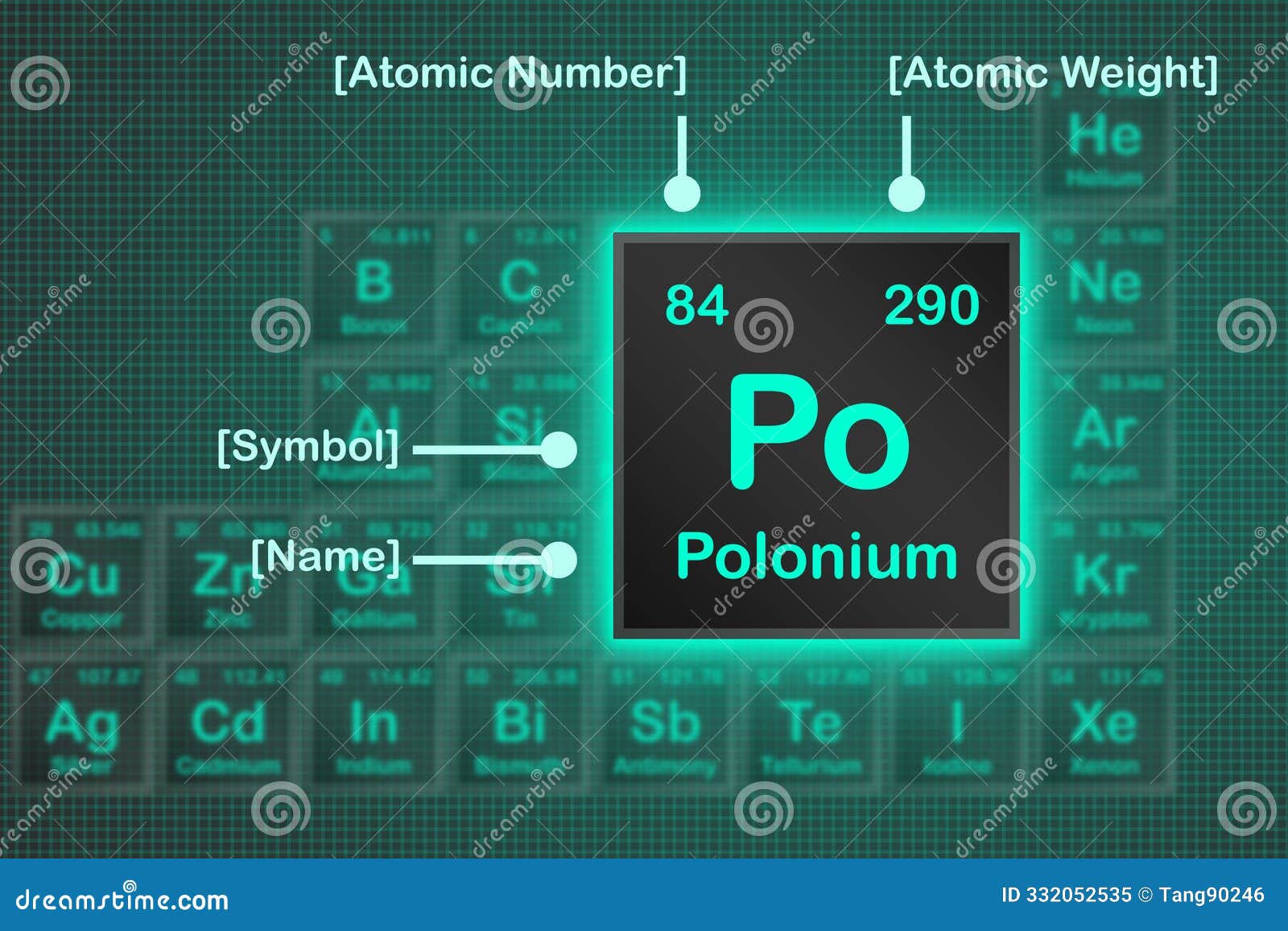 Polonium Element from Periodic Table with the Neon Light Square Grid ...
