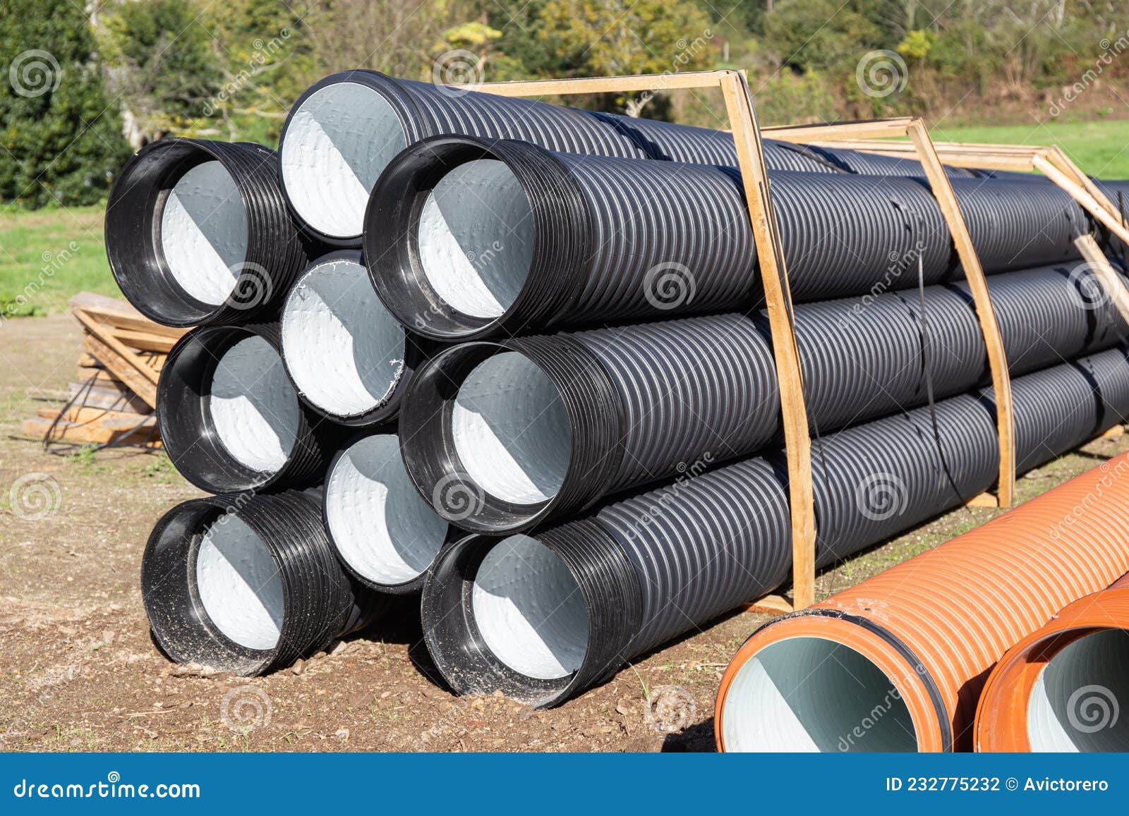 A Pile Of Polyethylene Pipes Industrial Materials Loaded And Storage ...