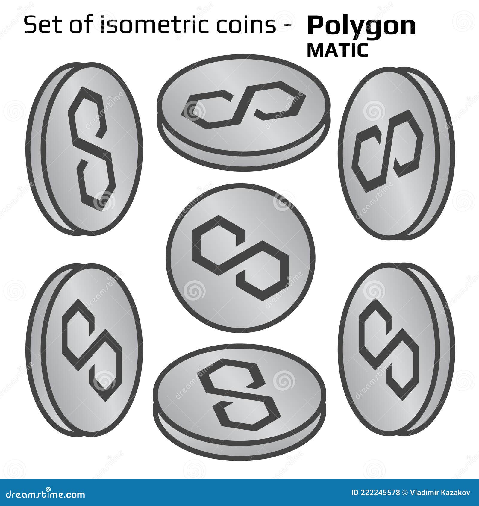 Polygon MATIC Set of Simple Coins in Isometric View in Black and White ...
