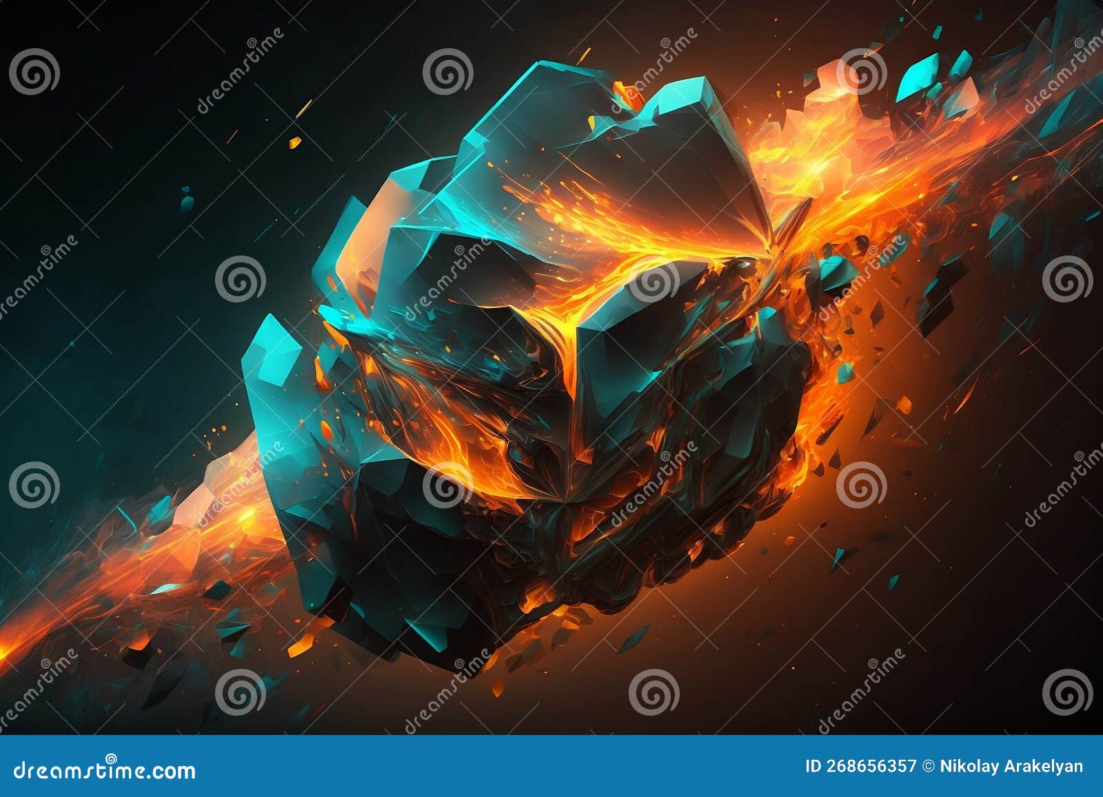 Polygonal Blue and Orange Asteroid in Fire, AI Generative Stock ...