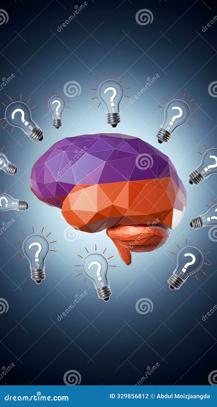 Polygonal Brain with Light Bulbs, Question Marks, Against Blue Gradient ...