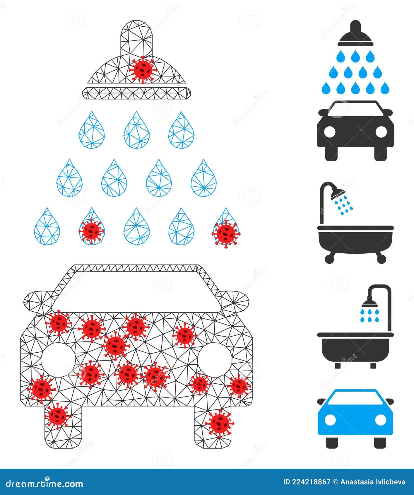 Polygonal Carcass Car Shower Icon with Coronavirus Centers Stock Vector ...