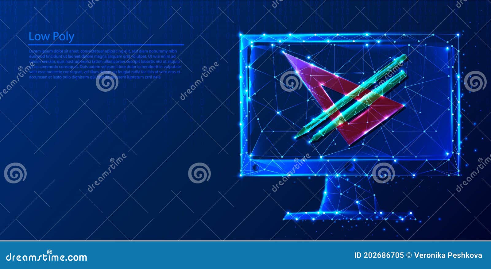 Polygonal Computer with Centimeter and Pen with Pencil on Dark Blue ...