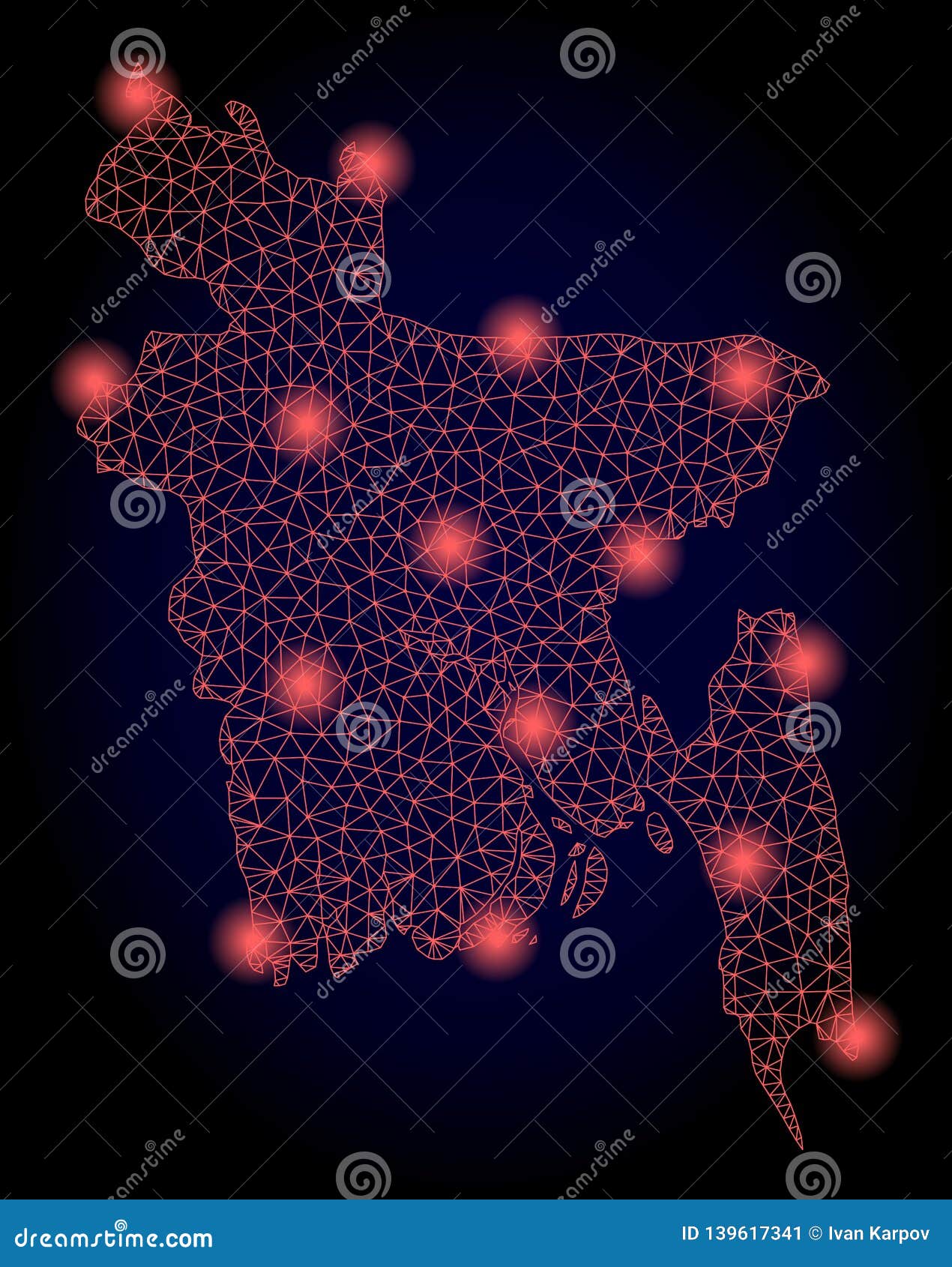 Polygonal 2D Mesh Map of Bangladesh with Red Light Spots Stock Vector ...