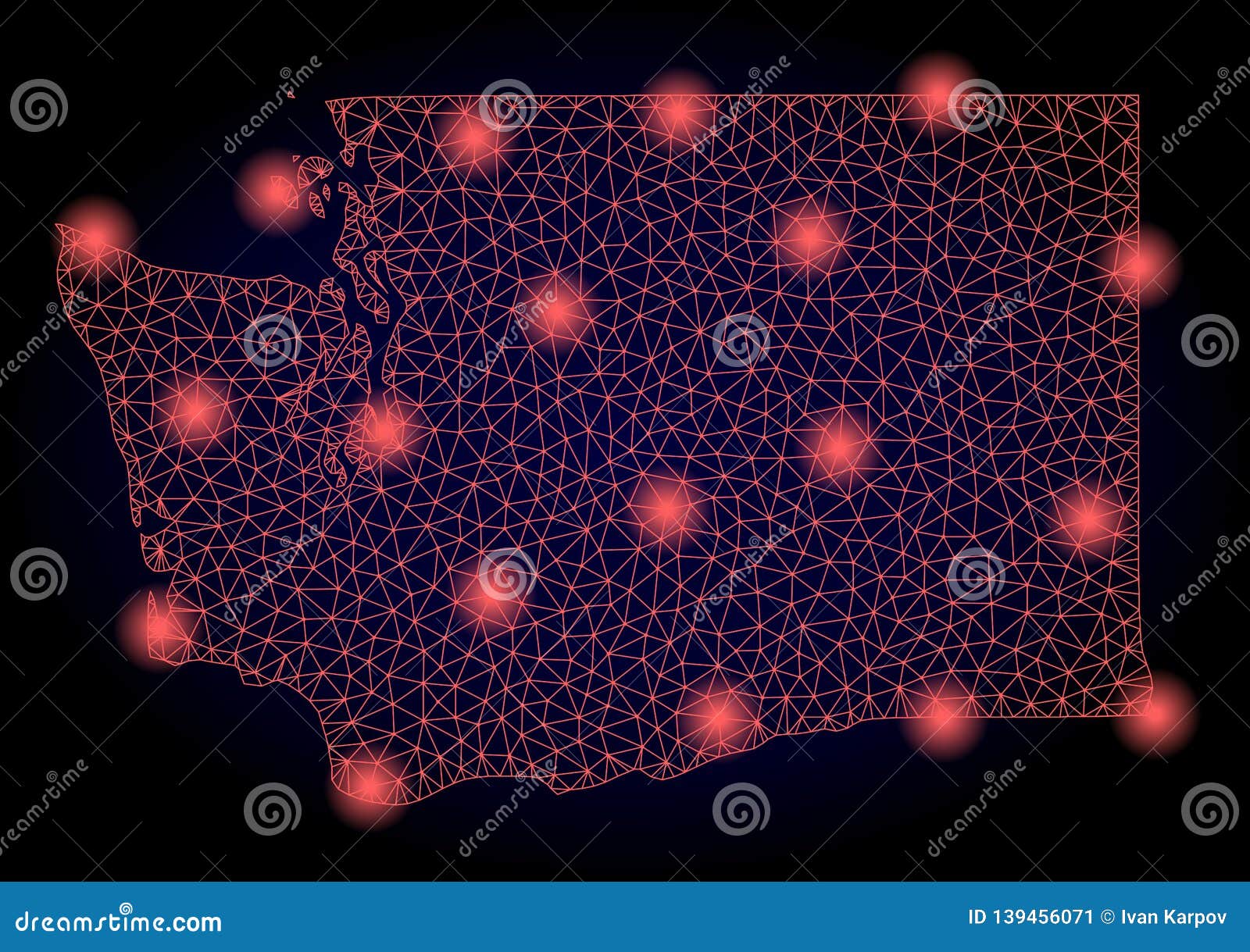 Polygonal 2D Mesh Map of Washington State with Red Light Spots Stock ...