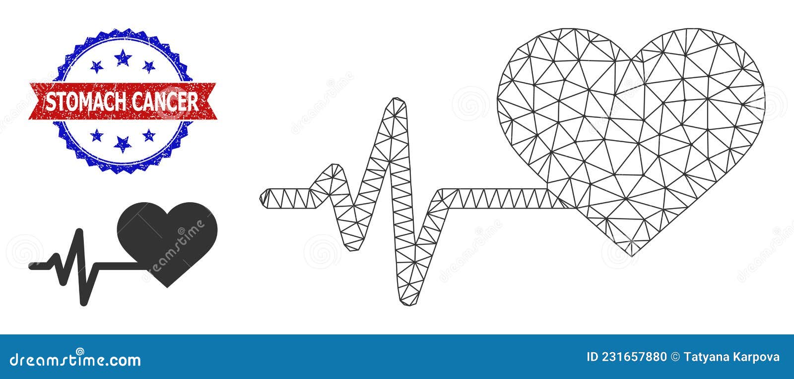 Triangular Mesh Heart Pulse Icon And Scratched Bicolor Stomach Cancer ...