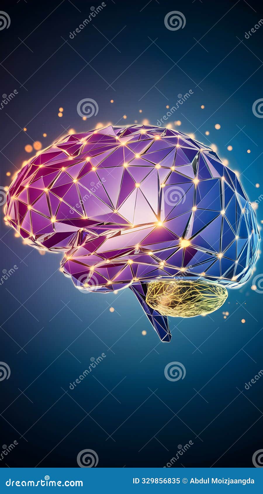 Polygonal Brain with Interconnected Triangles, Glowing Nodes, Digital ...