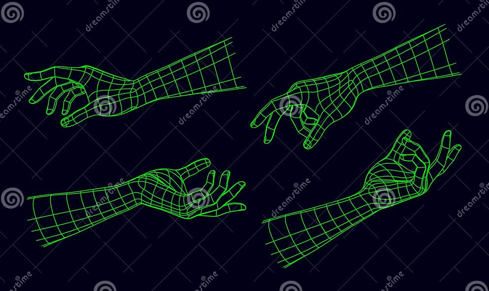 Polygonal Mesh or Wireframe Hands and Gestures, Set 2 Stock Vector ...