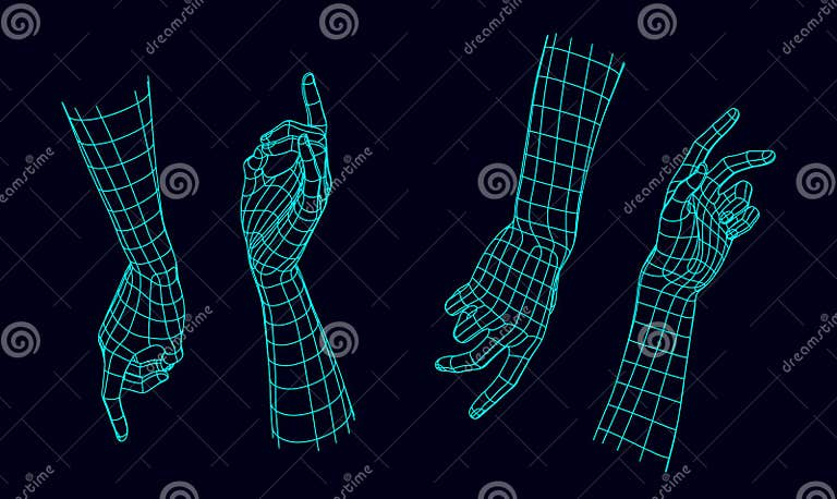 Polygonal Mesh or Wireframe Hands and Gestures, Set 3 Stock Vector ...
