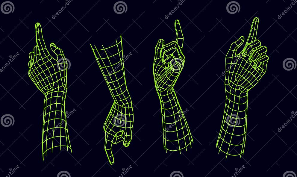 Polygonal Mesh or Wireframe Hands and Gestures, Set 4 Stock Vector ...