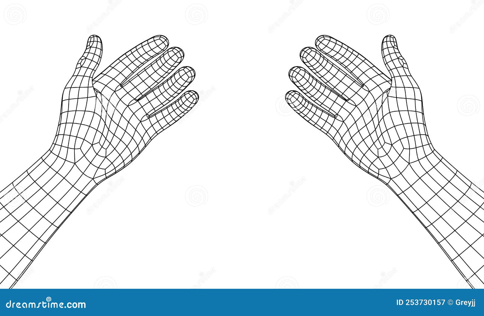 Polygonal Mesh or Wireframe Hands with Open Palms in Front of Viewer ...