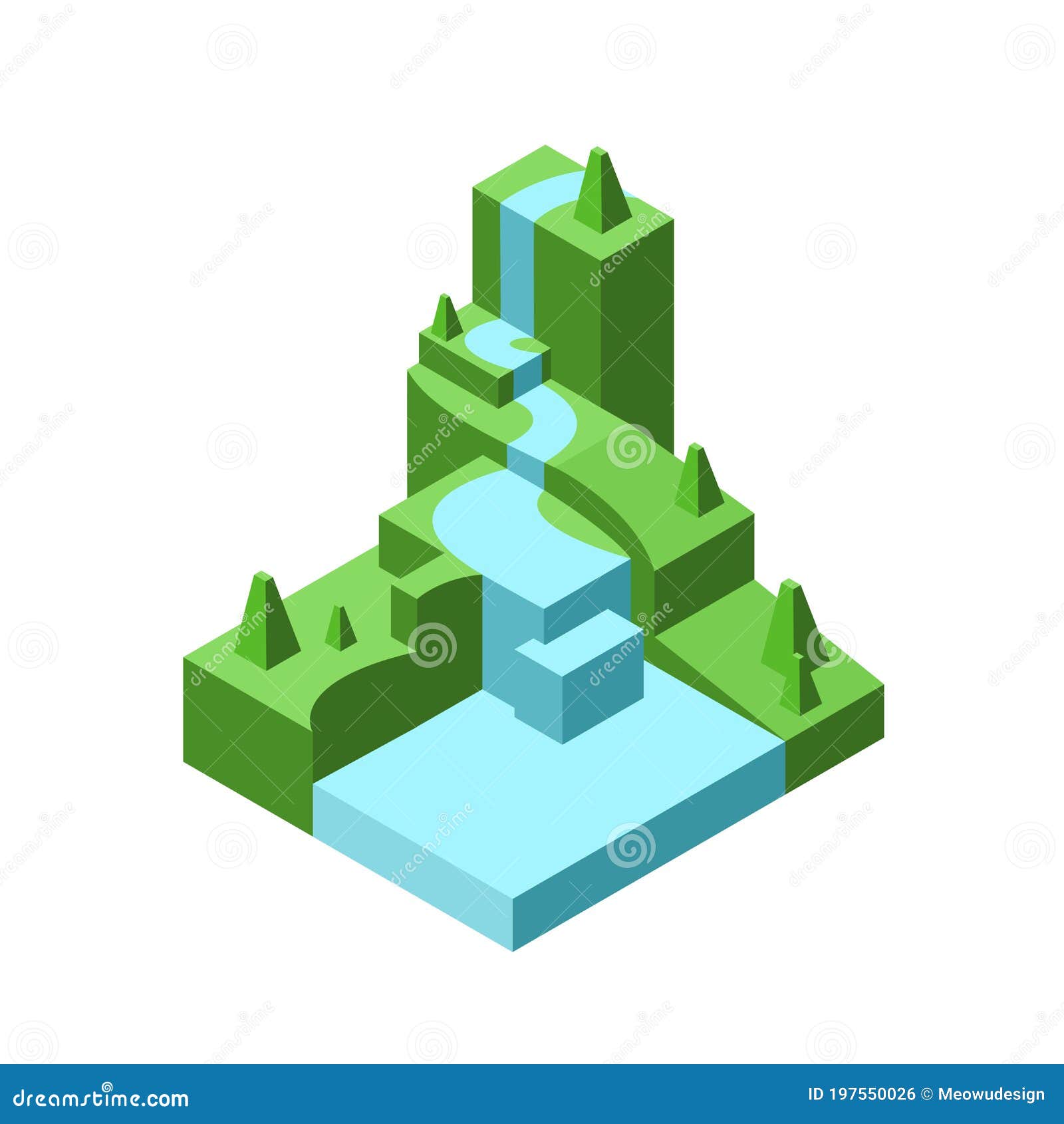 Polygonal Model Landscape. Waterfall in Isometric. Vector Illustration ...