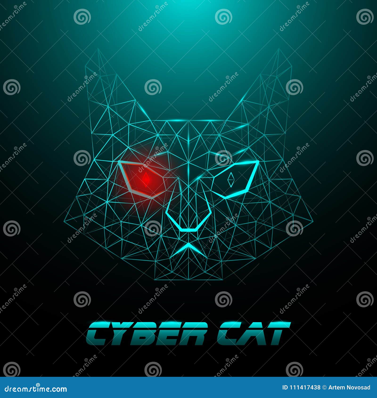 Polygonal Muzzle of a Cyber Cat with a Luminous Red Eye. Highlighted ...