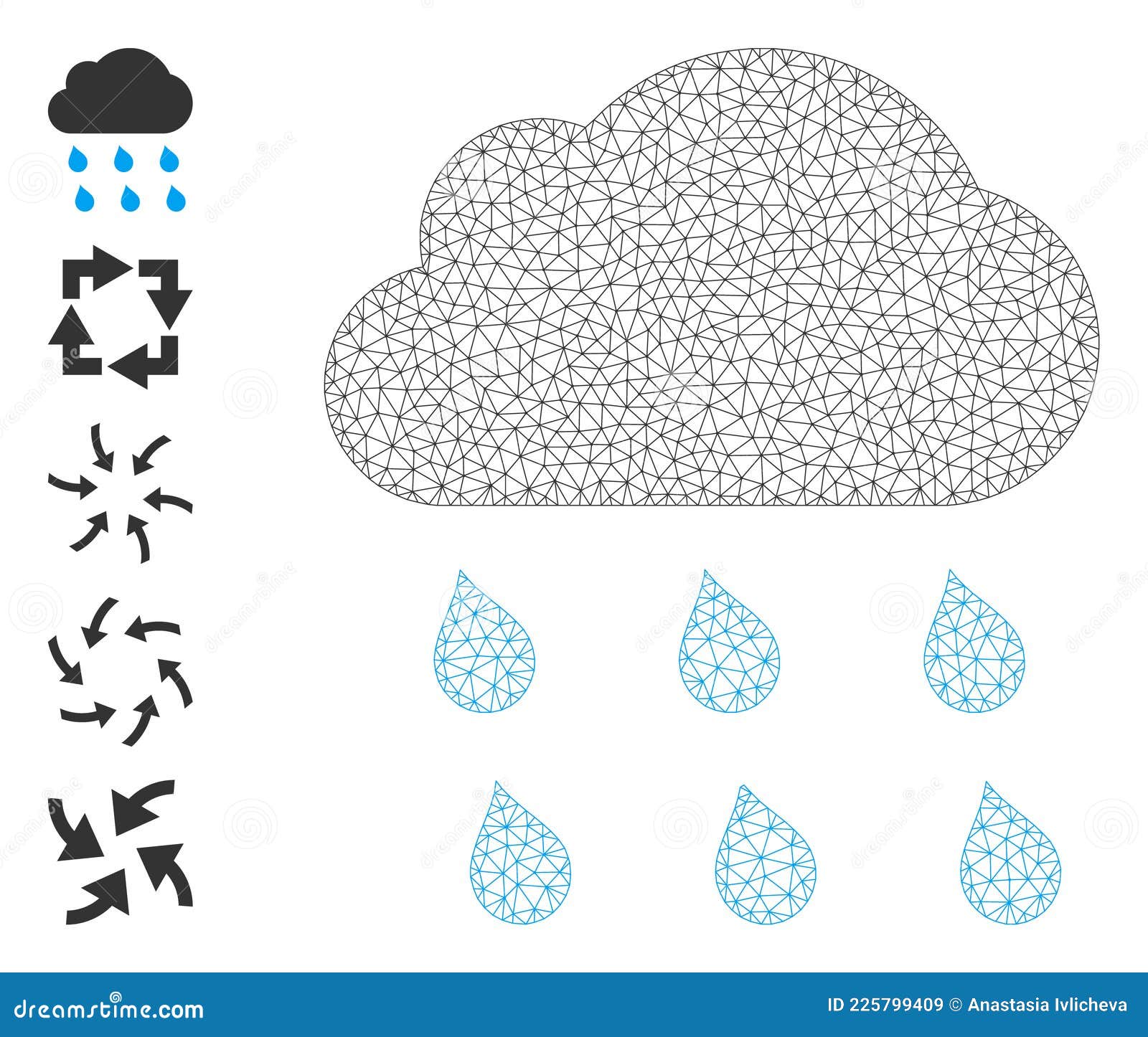 Polygonal Net Rain Cloud Icon with Simple Pictograms Stock Illustration ...