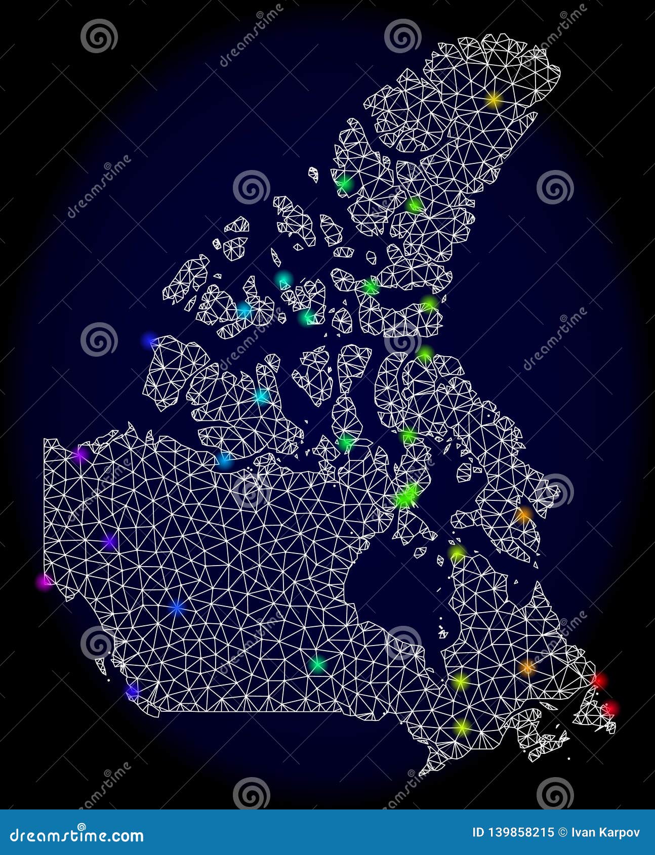 Polygonal Network Mesh Map of Canada with Bright Spectrum Light Spots ...