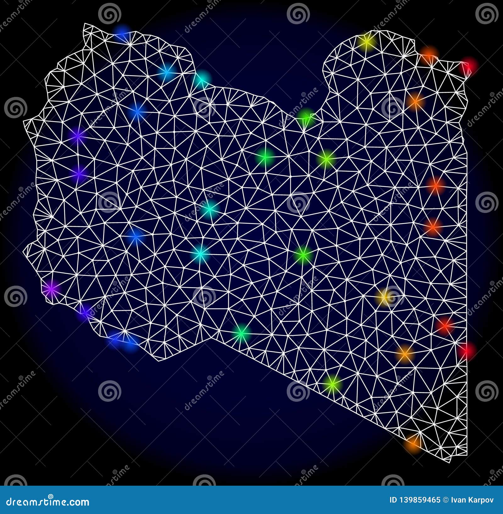 Polygonal Network Mesh Map of Libya with Bright Spectrum Light Spots ...