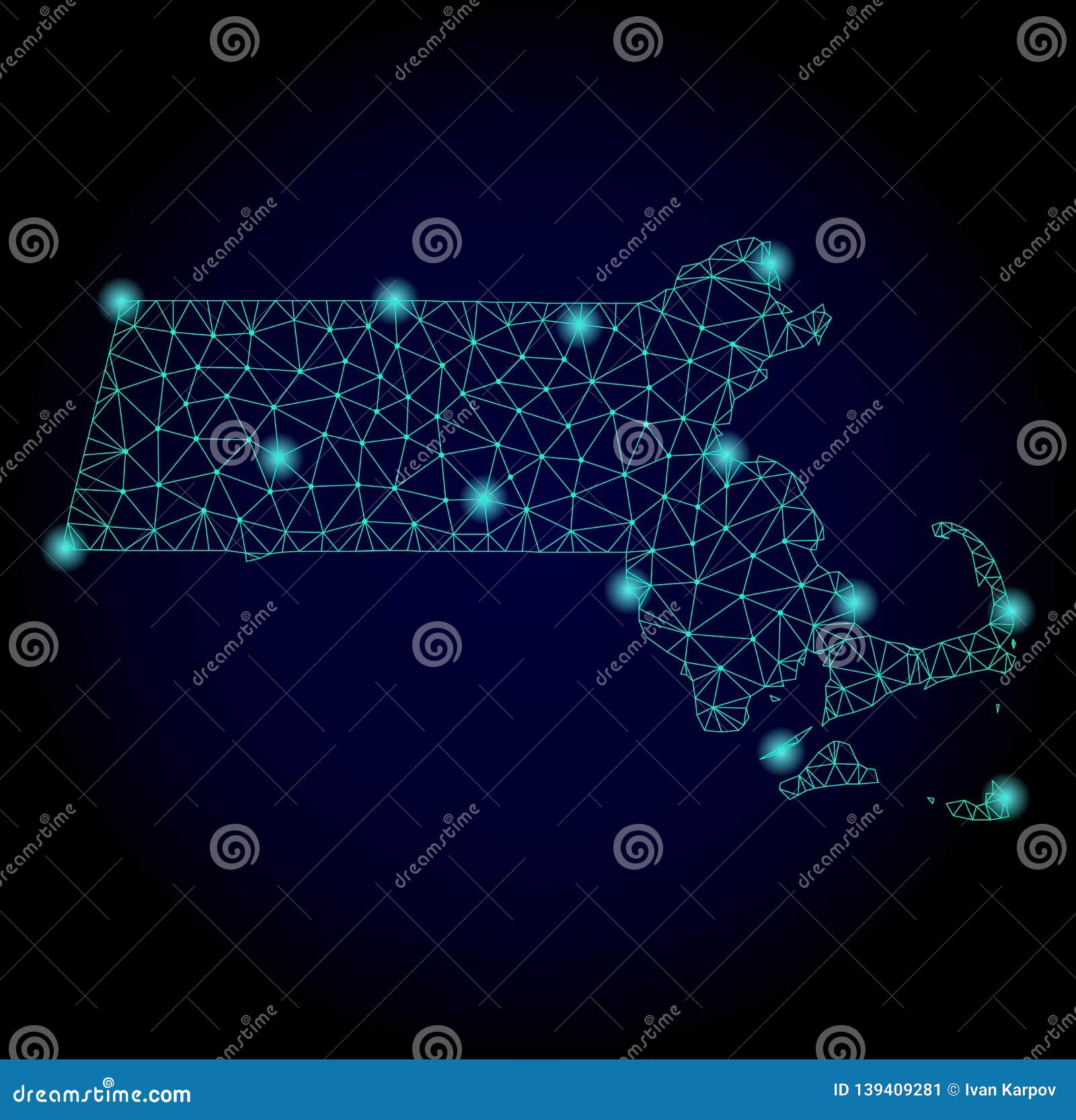 Polygonal Network Mesh Map of Massachusetts State with Light Spots ...