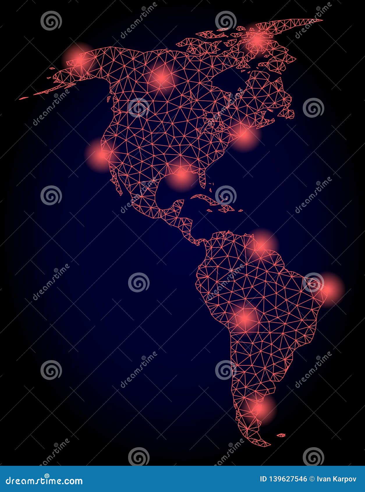 Polygonal Network Mesh Map of South and North America with Red Light ... Polygonal Network Mesh Map of South and North America with Red Light ...