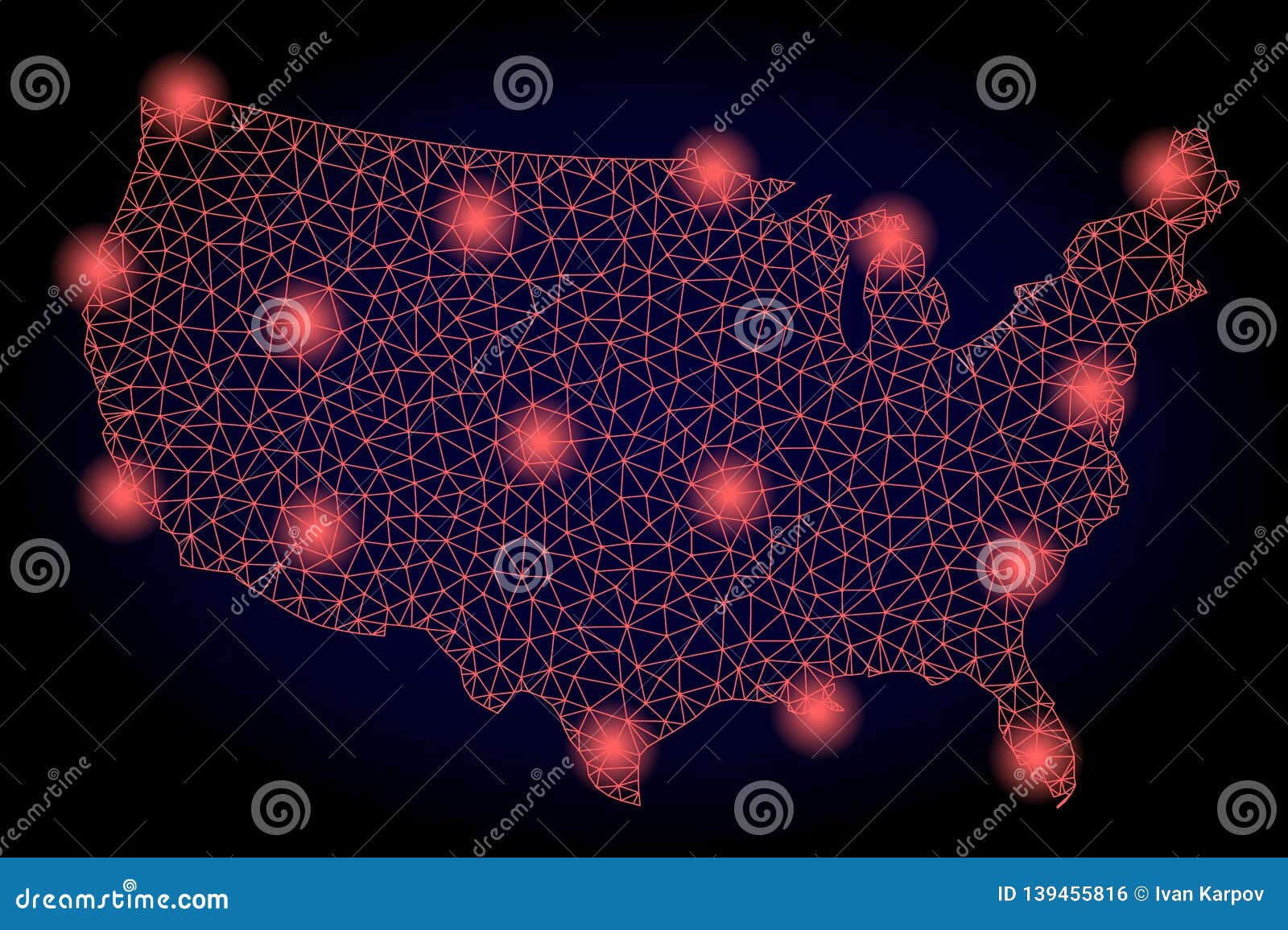 Polygonal Network Mesh Map of USA with Red Light Spots Stock Photo ...