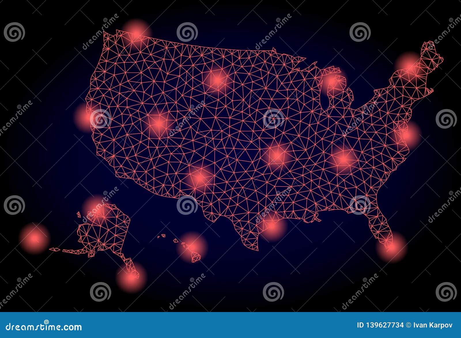 Polygonal Network Mesh Map of USA Territories with Red Light Spots ... Polygonal Network Mesh Map of USA Territories with Red Light Spots ...