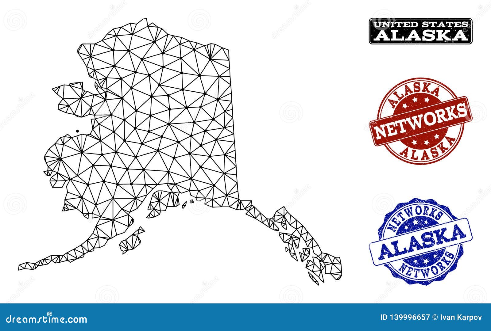 Polygonal Network Mesh Vector Map of Alaska State and Network Grunge ...