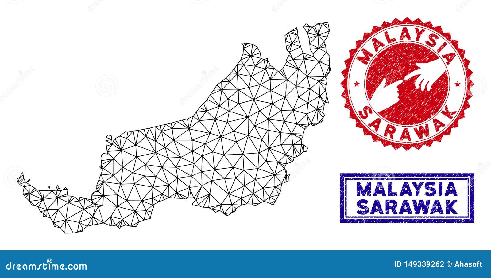 Polygonal Network Sarawak State Map and Grunge Stamps Stock Vector ...