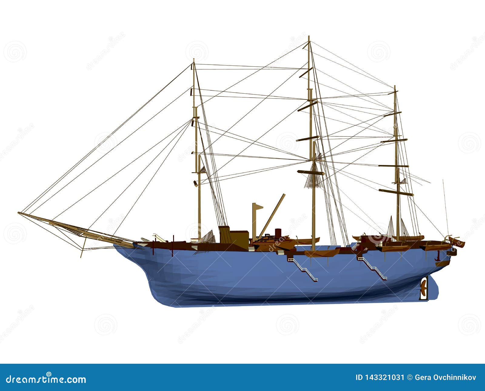 Polygonal Sailing Ship Isolated on White Background. 3D. Side View ...