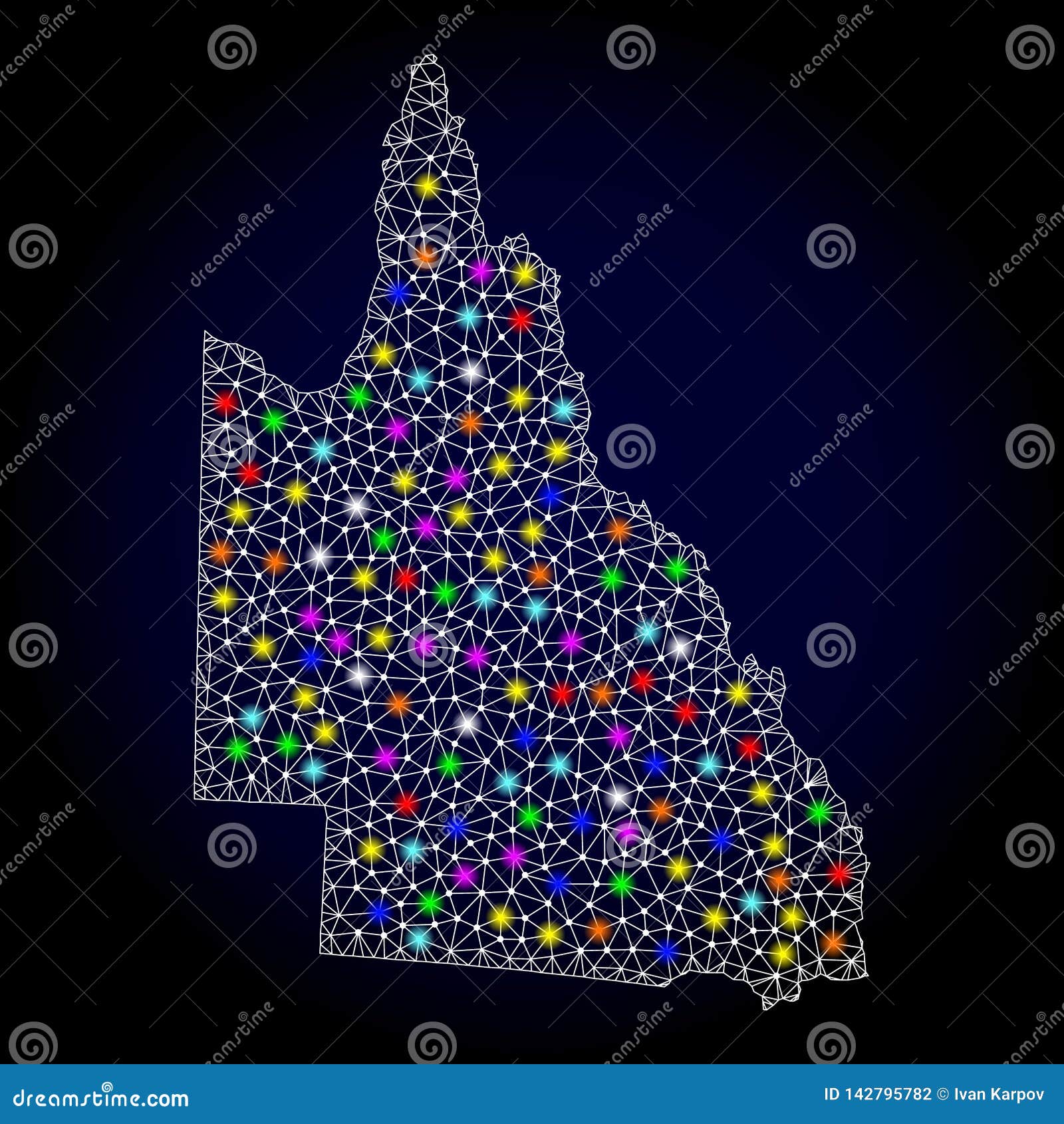 Mesh Carcass Map of Australian Queensland with Colorful Light Spots ...