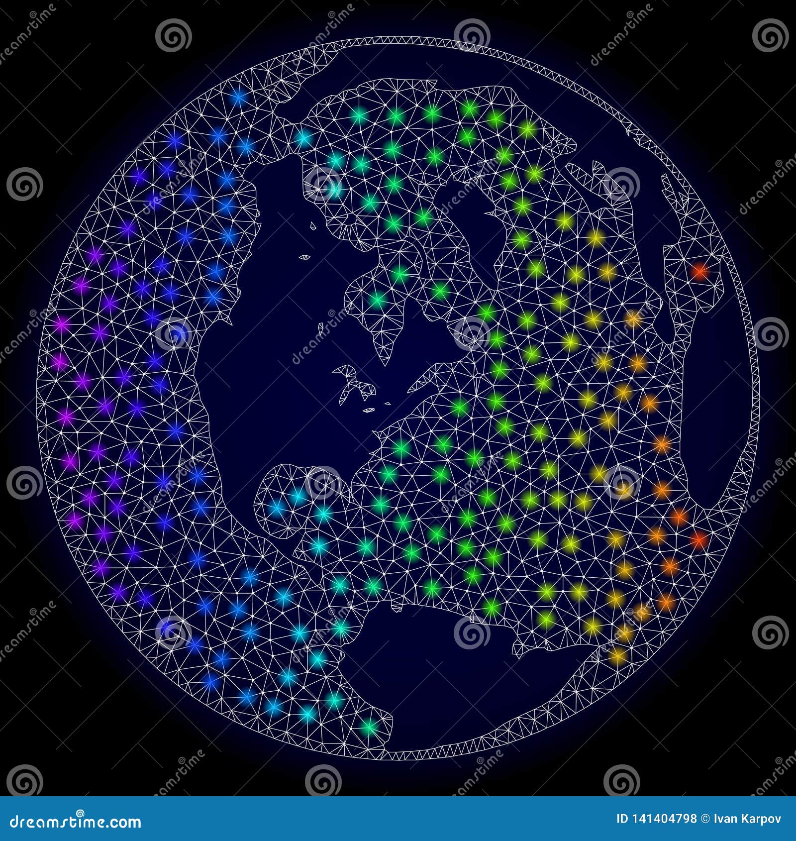 Polygonal Wire Frame Mesh Map of Global Ocean with Bright Light Spots ...