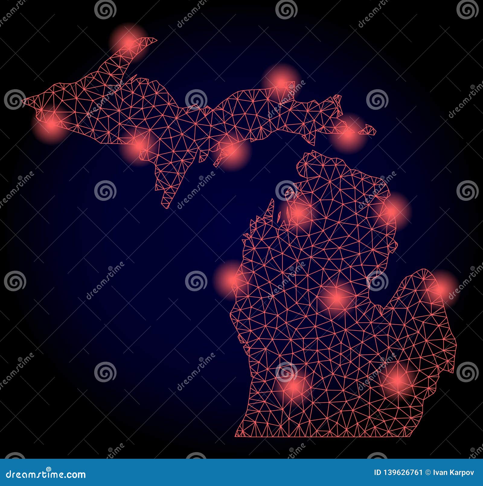 Polygonal Wire Frame Mesh Map of Michigan State with Red Light Spots ...