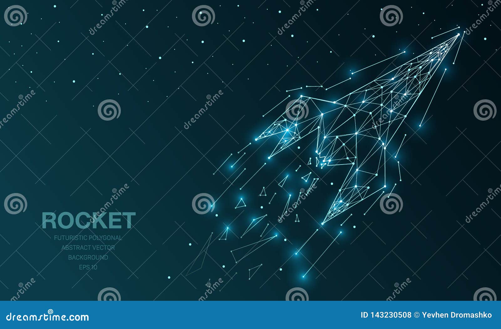 Polygonal Wireframe Mesh Futuristic with Rocket, Sign on Dark ...