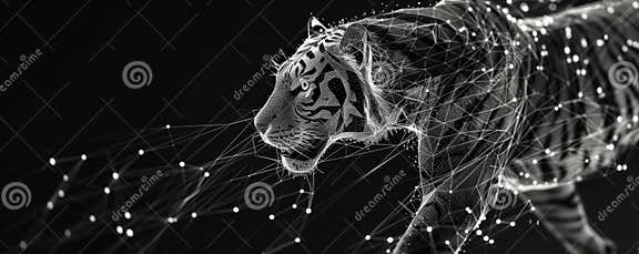 A Polygonal Wireframe of a Stalking Tiger, Featuring Intricate Lines ...