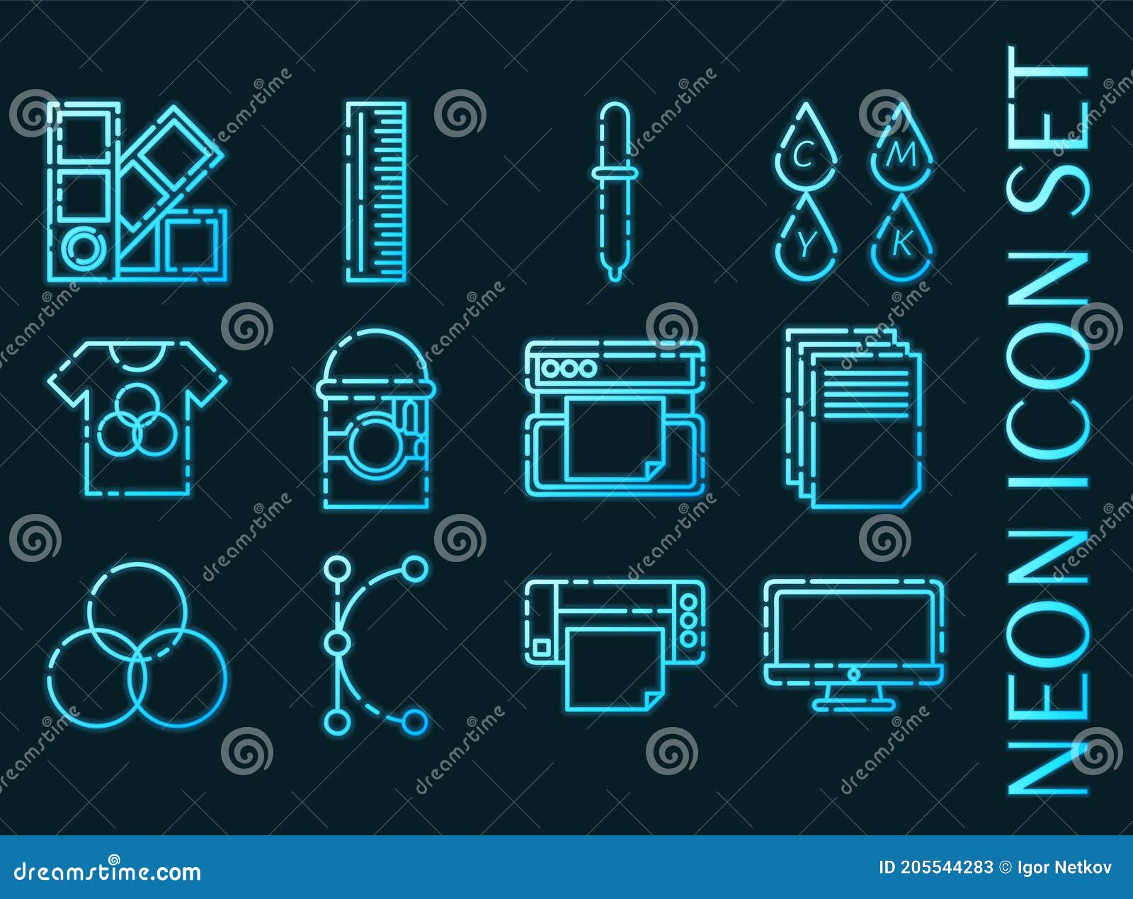 Polygraphy Set Icons. Blue Glowing Neon Style Stock Vector ...