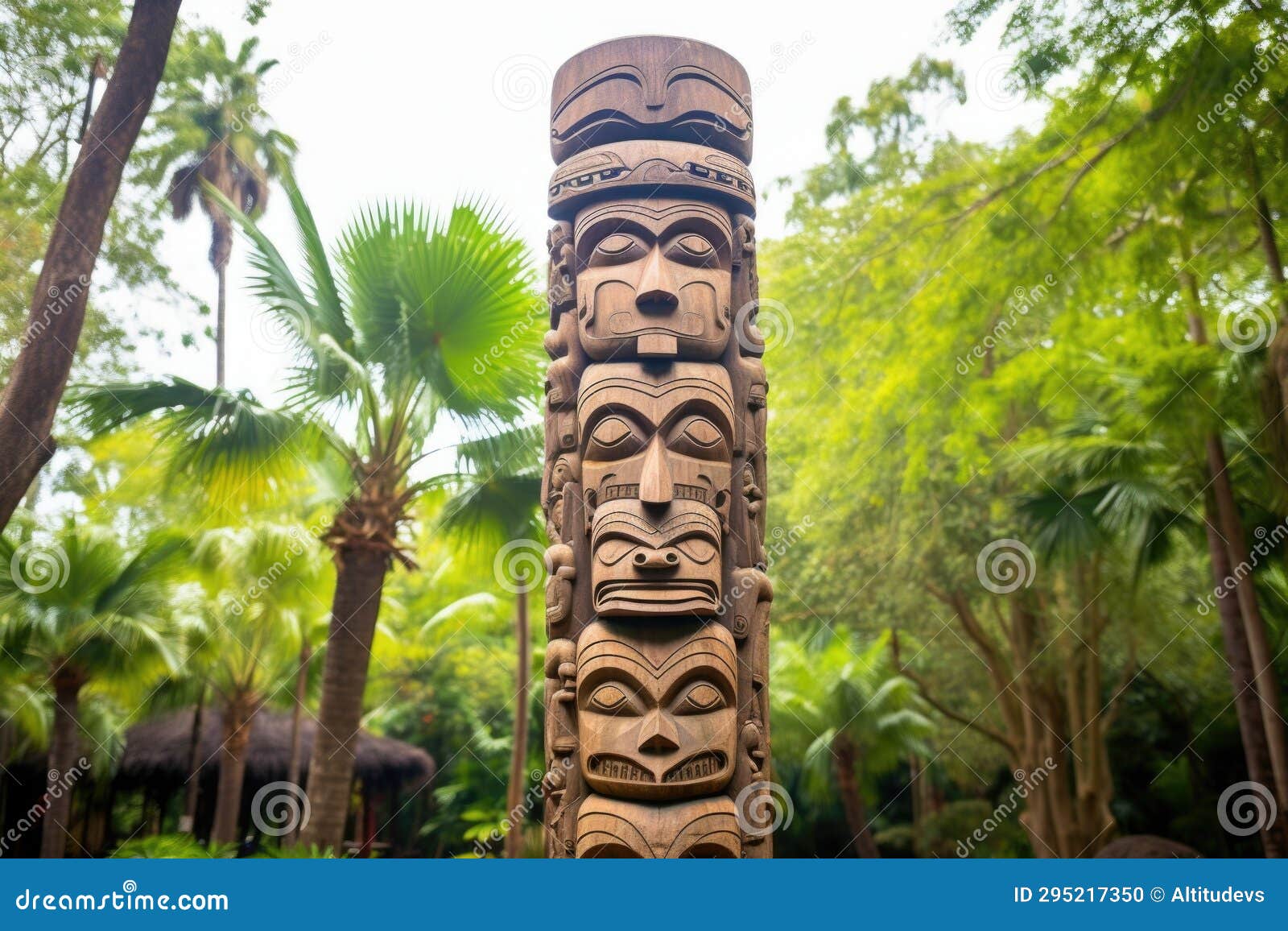 Polynesian Carved Totem Pole Against Tree-lined Backdrop Stock Photo ...