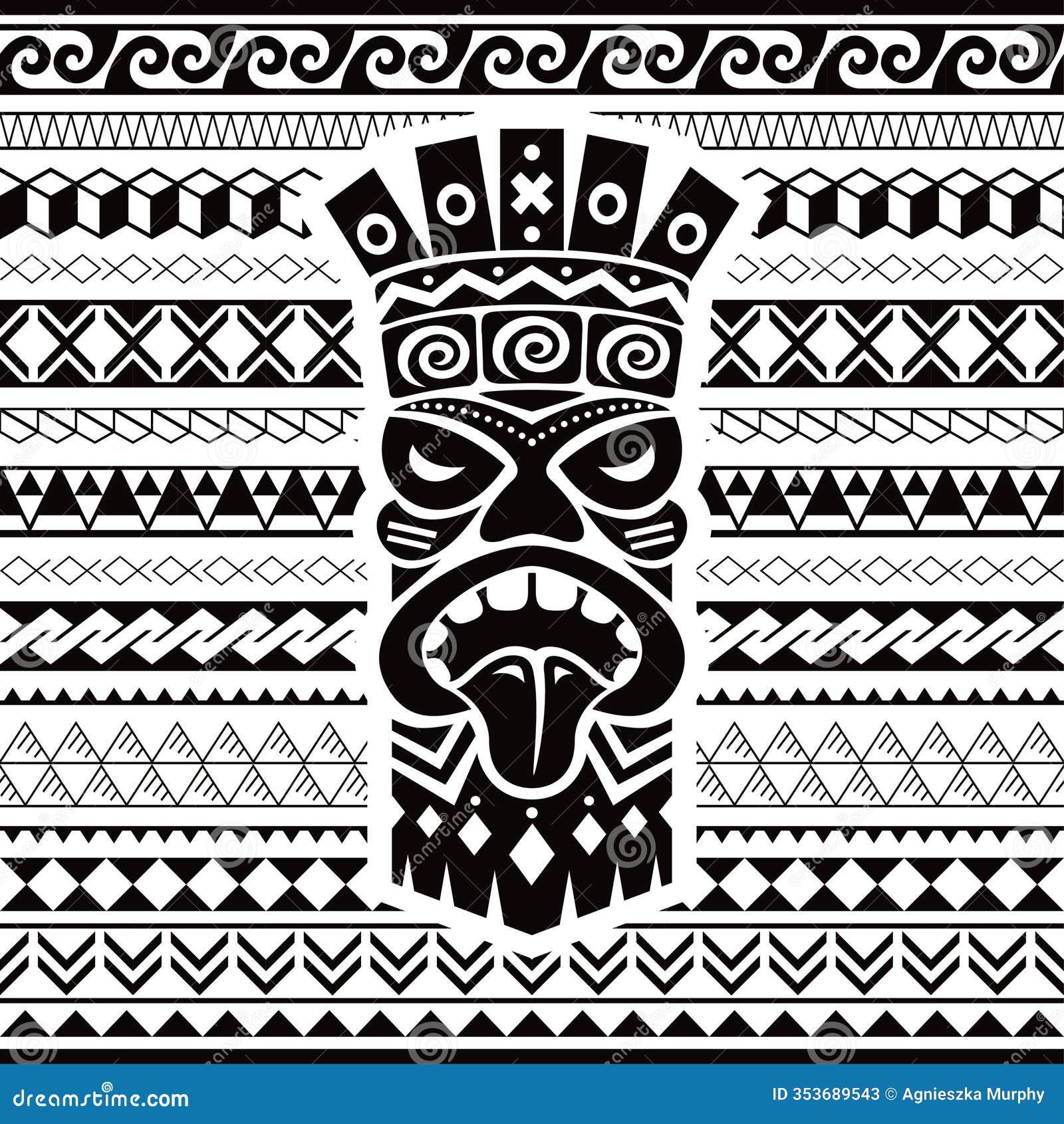 Polynesian Maori Geometric Seamless Vector Pattern with Totem Head ...