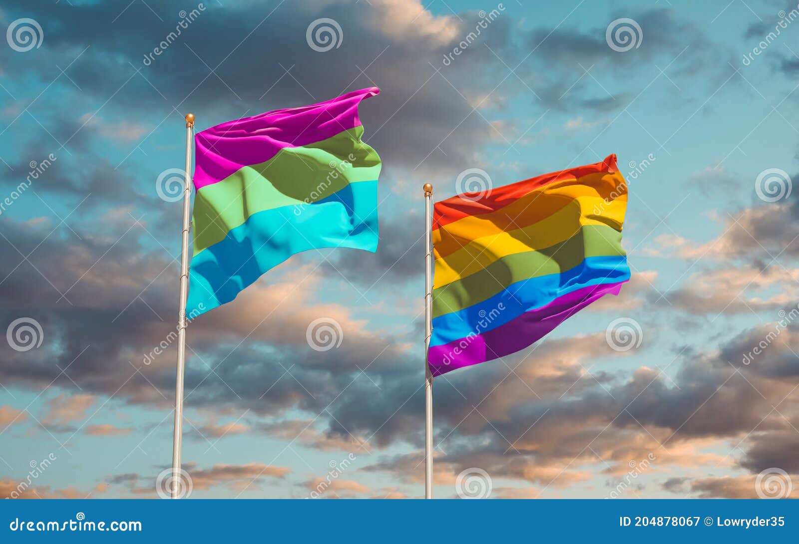 Polysexuality Pride Flag Waving In The Wind At Cloudy Sky Freedom And