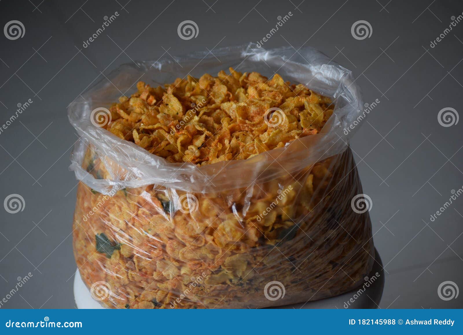 Polythene Bag Filled with Spicy Corn Flakes Stock Photo - Image of ...