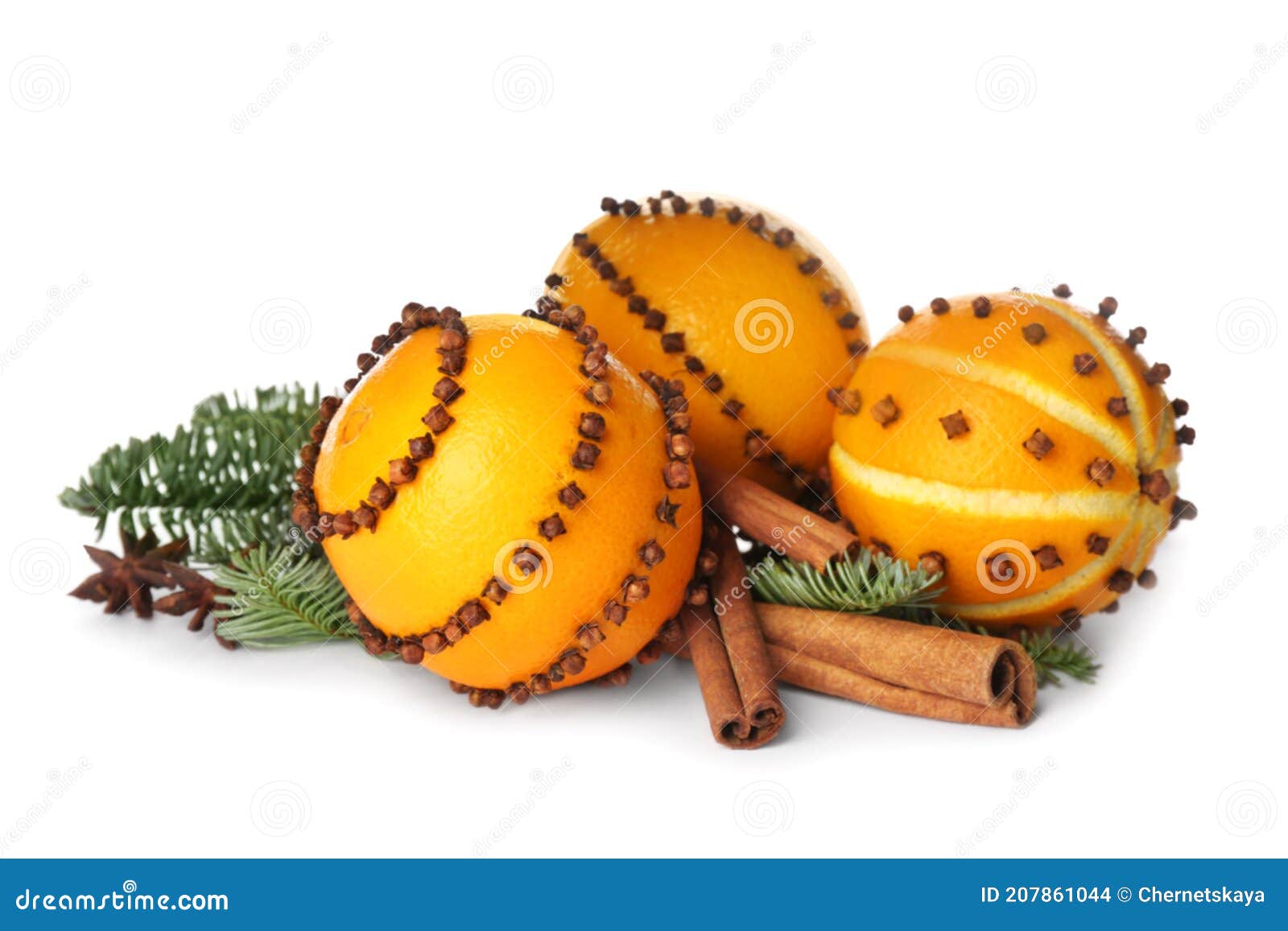 Pomander Balls Made of Fresh Oranges and Fir Tree with Spices on White ...